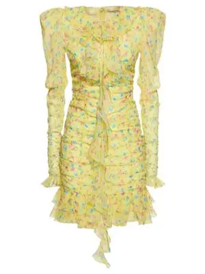 Alessandra Rich Floral Printed Silk Georgette Mini Dress - Yellow