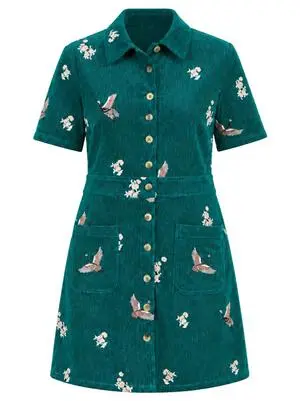 YUMI Blue Yumi Teal Crane Embroidered Shirt Dress