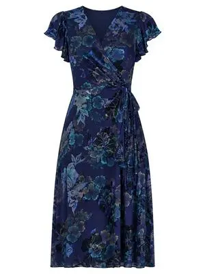 YUMI Yumi Blue Velvet Floral Wrap Midi Dress