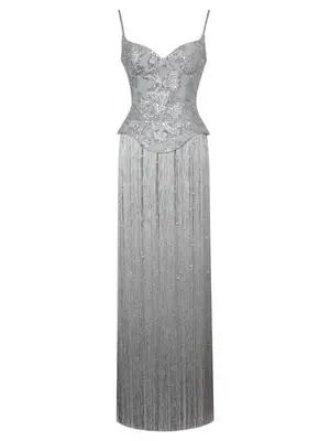 MISS CIRCLE NEW YORK Olisa Silver Beaded Peplum Tassel Maxi Dress