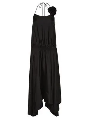 ST. AGNI Silk Halter Rosette Midi Dress - Black
