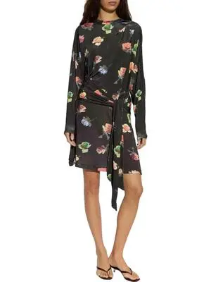 GANNI Floral-motif Tie-waist Mini Dress - Black