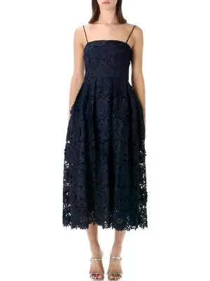 ROTATE BY BIRGER CHRISTENSEN 3d Lace Flared Midi Dress Dark - Blue