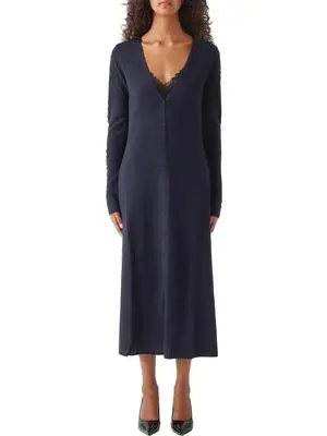 Pinko Wool Knit Midi Slip Dress With Lace Inserts - Navy