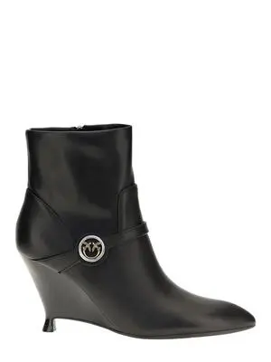Pinko Gwen Smooth Leather Ankle Boots With Sculptural High Heel And Tapered Toe - Black