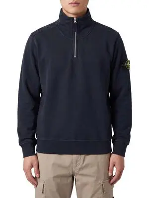 Stone Island Half-zip Cotton Funnel Neck Sweatshirt With Compass Logo Patch Blue