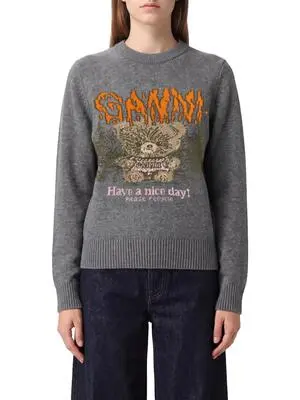 GANNI Merino Wool Blend Crewneck Jumper With All-over Jacquard Logo - Grey