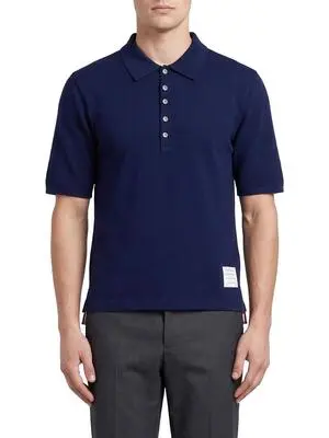 Thom Browne Cotton Polo Shirt With Five-button Placket And Contrast Logo - Navy