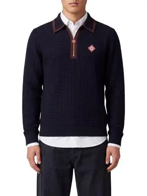 Casablanca Long-sleeved Pure Wool Knit Polo With Zip And Logo Patch - Blue
