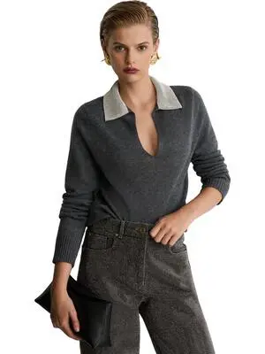 REISS Raven Wool-blend Crystal-collar V-neck Jumper Grey