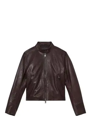 REISS Erin Leather Biker Jacket In Burgundy Red - Black