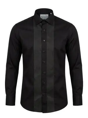 RON TOMSON Lurex Paneled Spread Collar Tux Shirt - Black