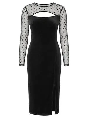 YUMI Velvet Midi Dress With Slash Neckline & Sheer Sleeves - Black