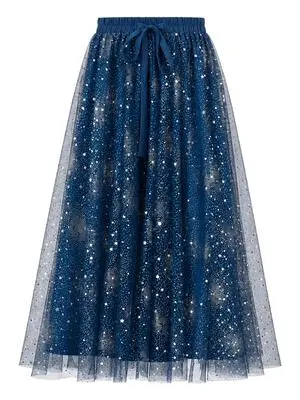 YUMI Navy Star Sparkle Tulle Skirt - Blue