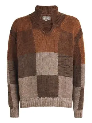 KARTIK RESEARCH Wool Check Rugby Knit Sweater - Brown