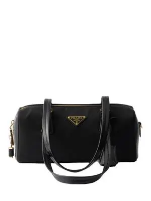 Prada Re Nylon And Leather Medium Top Handle Bag With Padlock - Nero