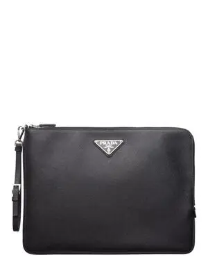 PRADA Triangle Logo Leather Clutch Bag