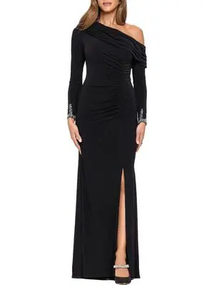Betsy & Adam Ruched Beaded Cuff Long Sleeve Gown - Black/silver