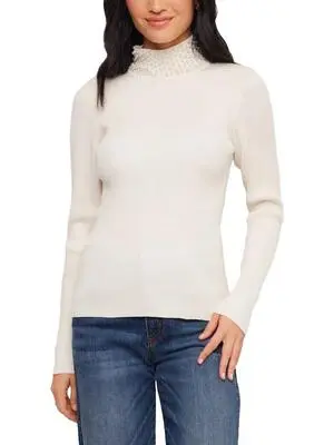 Karen Kane Pearl Embellished Turtleneck Sweater Cream