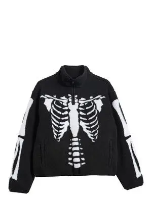 MARKET Skeletal Print High Pile Fleece Quarter Zip Pullover - Black
