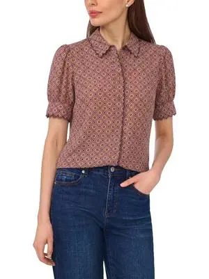 CECE DUPRAZ Print Scallop Puff Sleeve Shirt - Hazel
