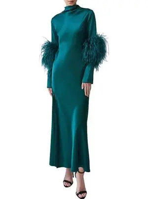 Lapointe Satin Draped Neck Bias Dress With Feathers - Emerald