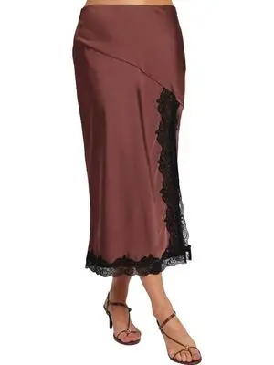 PETAL & PUP Theoni Lace Trim Slit Midi Skirt - Brown