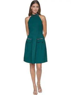 Halston Embellished Halter Fit-and-flare Dress - Spruce