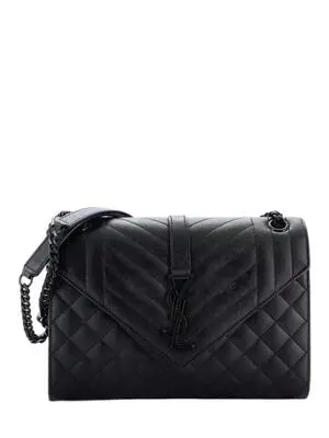 Saint Laurent Classic Monogram Envelope Satchel Mixed Matelasse Leather Medium Shoulder Bag - Black