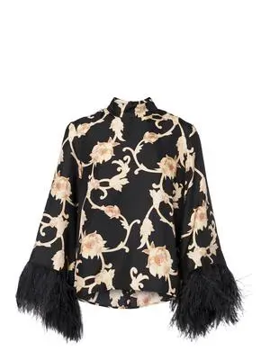 La DoubleJ Buttercup Feather-trimmed Silk Blouse - Multicoloured