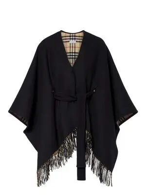 Burberry Check Fringed Wool Cape - Black
