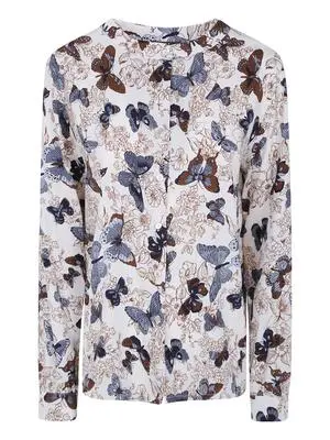 LAURA URBINATI Shirt Butterfly Print Darin Collar - Gray
