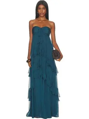 ROCOCO SAND Rococo Sand Strapless Ruffle Maxi Dress In Teal.
