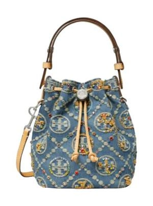 Tory Burch T Monogram Mini Denim Bucket Bag - Gray