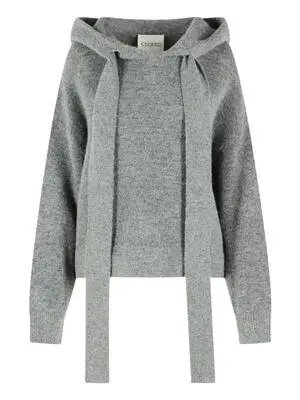 Closed Fine-knit Drawstring Hooded Sweater - Grey