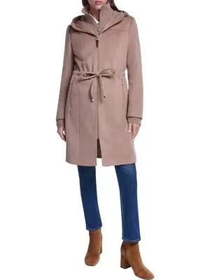 Cole Haan Hooded Wool Blend Zip Up Coat - Light Sand