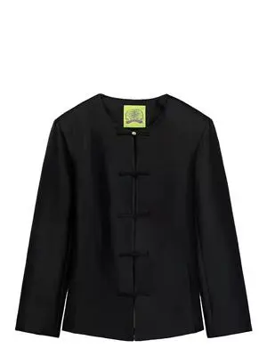 Shanghai Tang Meow Meow Frog-fastening Collarless Jacket - Black