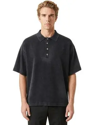 MODENAIRE Washed Short Sleeve Snap Button Polo Shirt - Black