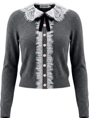 SELF-PORTRAIT Cardigan With Lace Collar And Bow Detail - Grey