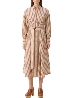 Zimmermann Valiant Striped Midi Shirt Dress With Mandarin Collar And Belt - Multicolor