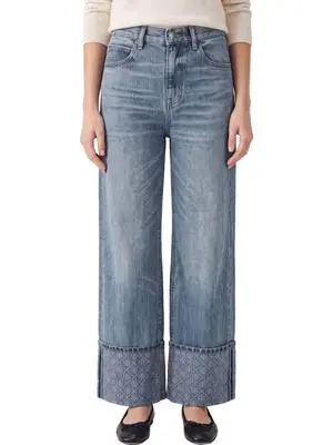 Tory Burch Wide Leg Jeans In With Double T Monogram And Cuffs - Denim