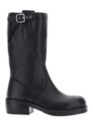 Dries Van Noten Grained Calf Leather Biker Boots With Straps - Black