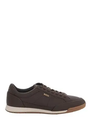 BOSS Low-top Leather Sneakers With Printed Logo And Contrasting Rubber Sole Brown
