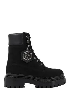 Philipp Plein Nubuck Combat Boots With Padded Ankle And Charm Black