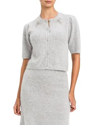 TWINSET Wool Blend Cardigan With Puff Sleeves And Crystal Embellishment - Grey