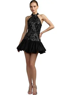 Mac Duggal Embellished Lace Bubble Hem Mini Dress - Black Silver