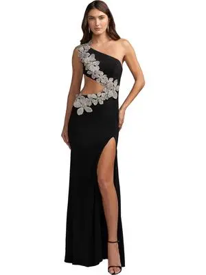 Mac Duggal One Shoulder 3d Floral Jersey Gown - Black