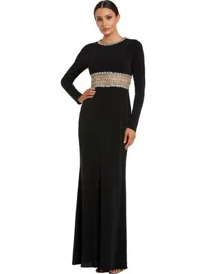 Mac Duggal Long Sleeve Gown With Embellished Cut Out - Black