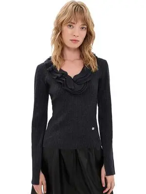 GANNI Ribbed Merino Wool Frill Sweater - Phantom