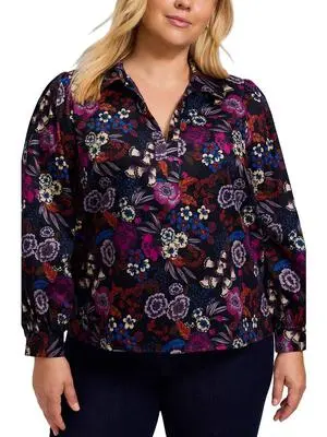 Foxcroft Alix Floral Puff Sleeve Cotton Sateen Top - Black/multi